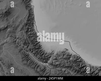Gilan, province of Iran. Grayscale elevation map with lakes and rivers ...