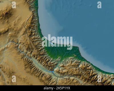 Gilan, province of Iran. Colored elevation map with lakes and rivers ...