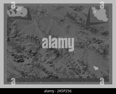 Hamadan, province of Iran. Grayscale elevation map with lakes and ...