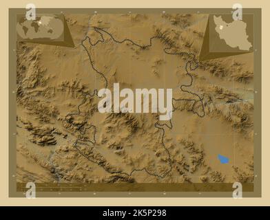 Hamadan, province of Iran. Colored elevation map with lakes and rivers ...