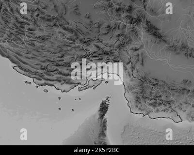 Hormozgan, province of Iran. Grayscale elevation map with lakes and ...