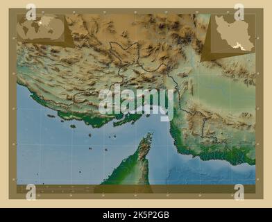Hormozgan, province of Iran. Colored elevation map with lakes and ...