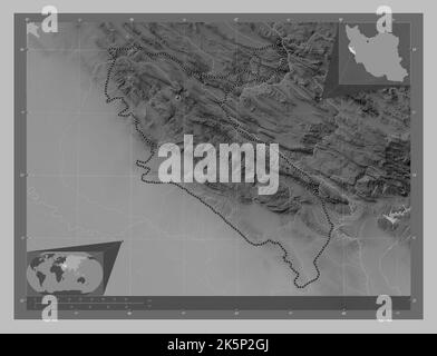 Ilam, province of Iran. Grayscale elevation map with lakes and rivers ...