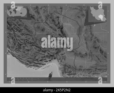 Kerman, province of Iran. Grayscale elevation map with lakes and rivers ...