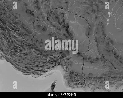 Kerman, province of Iran. Grayscale elevation map with lakes and rivers ...