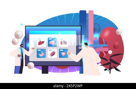 scientists examining anatomical human body internal organs on monitor ...