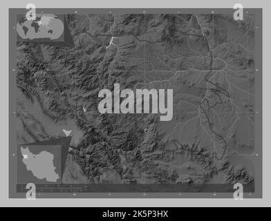 Kordestan, province of Iran. Grayscale elevation map with lakes and ...