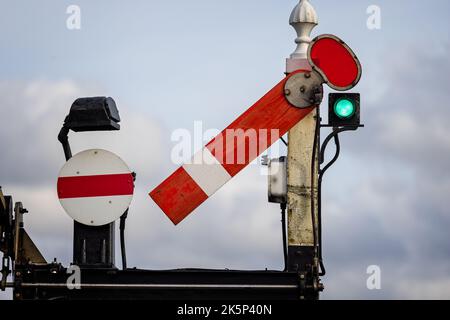 Signal at Porthmadog Station on the narrow gauge Bleanau Ffestiniog ...