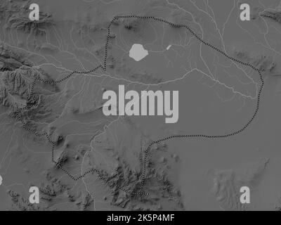 Qom, province of Iran. Grayscale elevation map with lakes and rivers ...