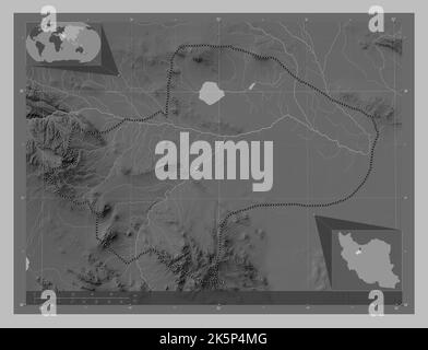 Qom, province of Iran. Grayscale elevation map with lakes and rivers ...