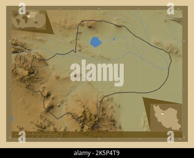 Qom, province of Iran. Colored elevation map with lakes and rivers ...