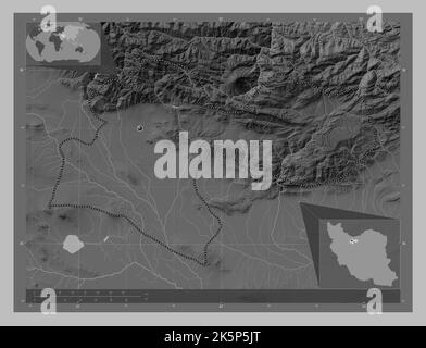 Tehran, province of Iran. Grayscale elevation map with lakes and rivers ...