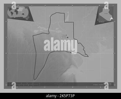 Al-Basrah, province of Iraq. Grayscale elevation map with lakes and rivers. Corner auxiliary ...