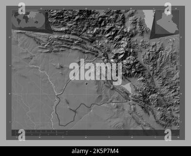 Arbil, province of Iraq. Bilevel elevation map with lakes and rivers. Locations of major cities ...