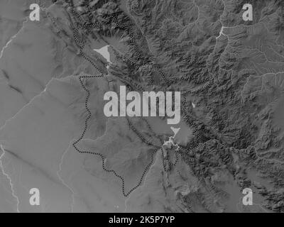 As-Sulaymaniyah, province of Iraq. Grayscale elevation map with lakes and rivers. Locations and ...