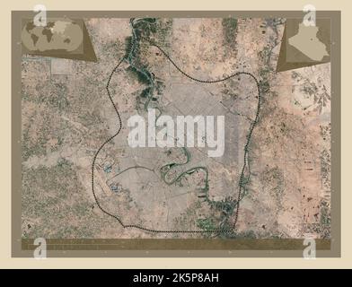 Baghdad, province of Iraq. High resolution satellite map. Locations and names of major cities of ...