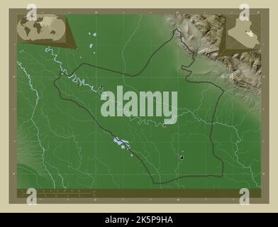 Wasit, province of Iraq. Colored elevation map with lakes and rivers. Locations and names of ...