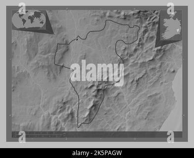 Carlow, county of Ireland. Grayscale elevation map with lakes and ...
