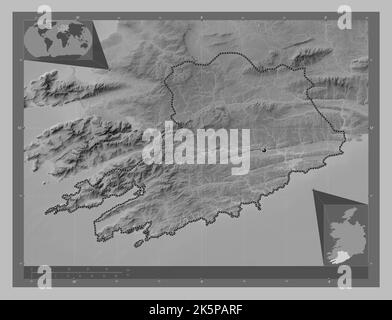 Cork, county of Ireland. Grayscale elevation map with lakes and rivers ...