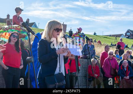 Labour MP Rosie Duffield is seen speaking at a Southern Water protest ...