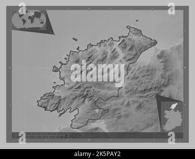 Donegal, county of Ireland. Grayscale elevation map with lakes and ...