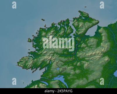 Donegal, county of Ireland. Colored elevation map with lakes and rivers ...