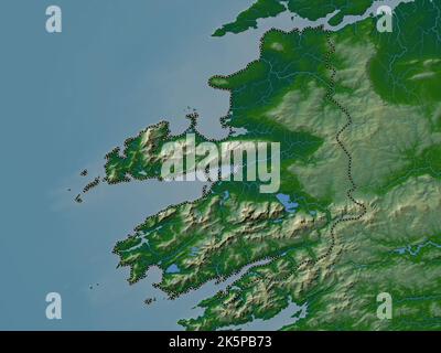 Kerry, county of Ireland. Colored elevation map with lakes and rivers ...