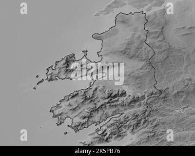 Kerry, county of Ireland. Grayscale elevation map with lakes and rivers ...