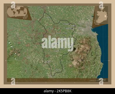Kildare, county of Ireland. Low resolution satellite map. Locations of ...