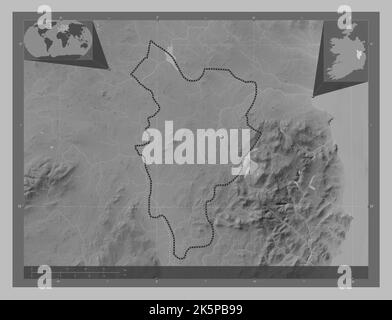 Kildare, county of Ireland. Grayscale elevation map with lakes and ...
