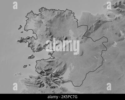 Mayo, county of Ireland. Grayscale elevation map with lakes and rivers ...