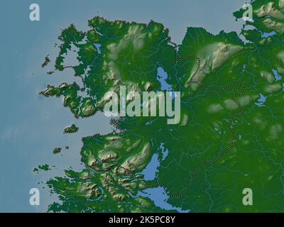 Mayo, county of Ireland. Colored elevation map with lakes and rivers ...