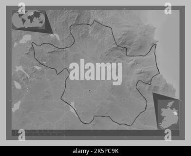 Meath, county of Ireland. Grayscale elevation map with lakes and rivers ...