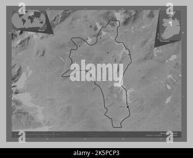 Roscommon, county of Ireland. Grayscale elevation map with lakes and ...
