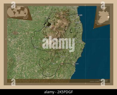Wicklow, county of Ireland. Low resolution satellite map. Locations of ...