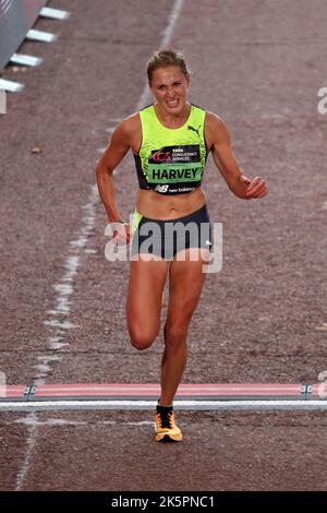 Rose Harvey of Great Britain finishes in the womens London marathon ...