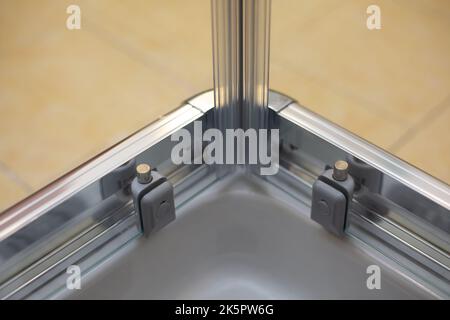 Sliding mechanism of a shower cabin.Modern bathroom interior.Close up ...