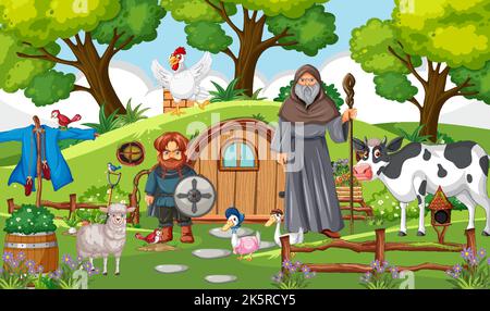 Enchanted scene with medieval cartoon characters illustration Stock ...