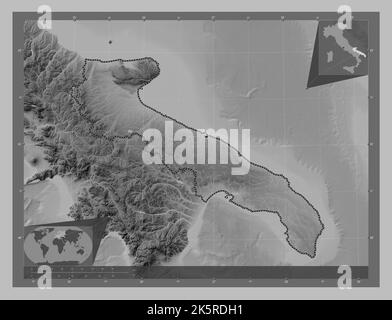 Apulia, region of Italy. Grayscale elevation map with lakes and rivers ...