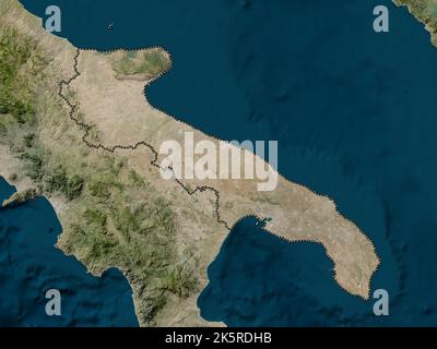 Apulia, region of Italy. Low resolution satellite map. Locations of ...