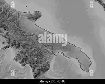 Apulia, region of Italy. Grayscale elevation map with lakes and rivers ...