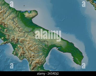 Apulia, region of Italy. Elevation map colored in wiki style with lakes ...