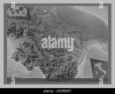Basilicata, region of Italy. Grayscale elevation map with lakes and ...