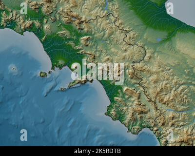Campania, region of Italy. Colored elevation map with lakes and rivers ...