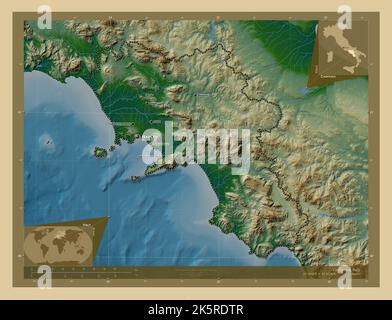 Campania, region of Italy. Colored elevation map with lakes and rivers ...