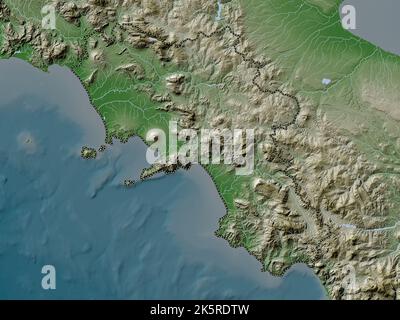 Campania, region of Italy. Colored elevation map with lakes and rivers ...