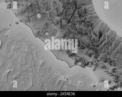 Lazio, region of Italy. Grayscale elevation map with lakes and rivers ...
