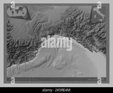 Liguria, region of Italy. Grayscale elevation map with lakes and rivers ...