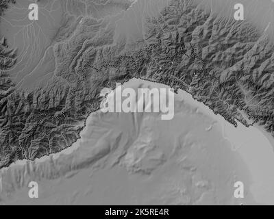 Liguria, region of Italy. Grayscale elevation map with lakes and rivers ...