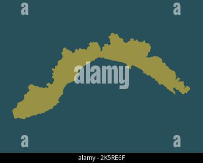 Liguria, region of Italy. Solid color shape. Locations of major cities ...